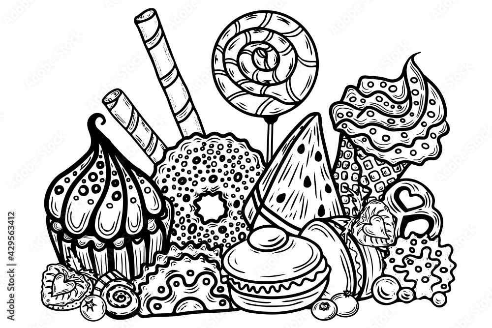 Coloring page with cake, cupcake, candy and other dessert with berry ...