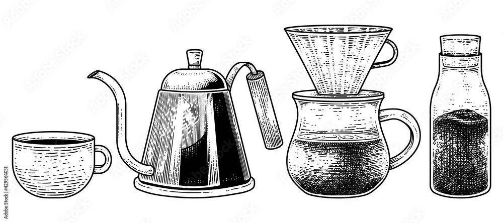 Sketch vector set of coffee maker tools. A cup of coffee, Drip Kettle ...