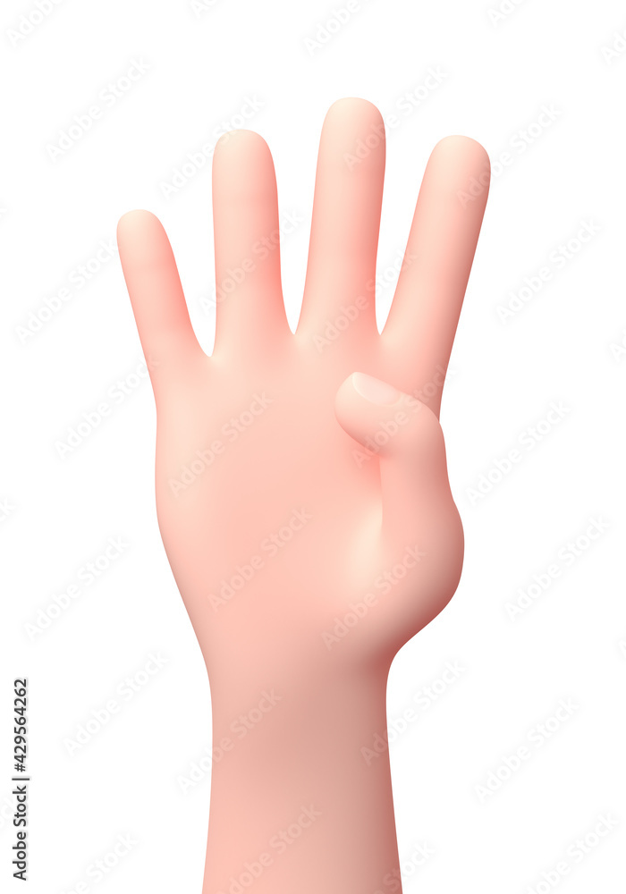 Four Fingers Raised Hand. 3D Cartoon Character. Isolated on White Stock ...