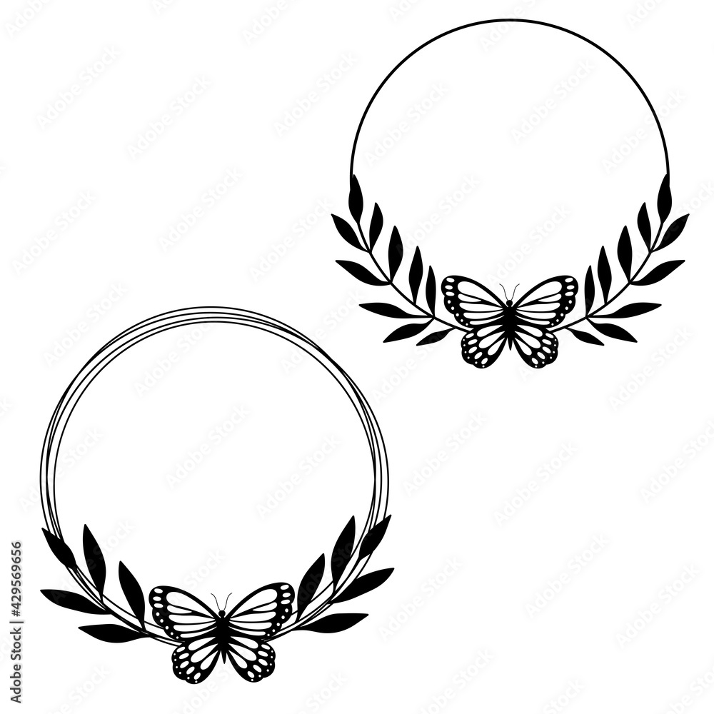 Butterfly monogram wreath. Circle frame. Floral border. Outline drawing ...