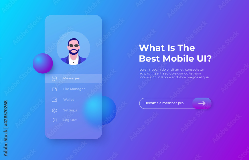 Glassmorphism mobile app concept with 3d geometric shapes. Frosted ...