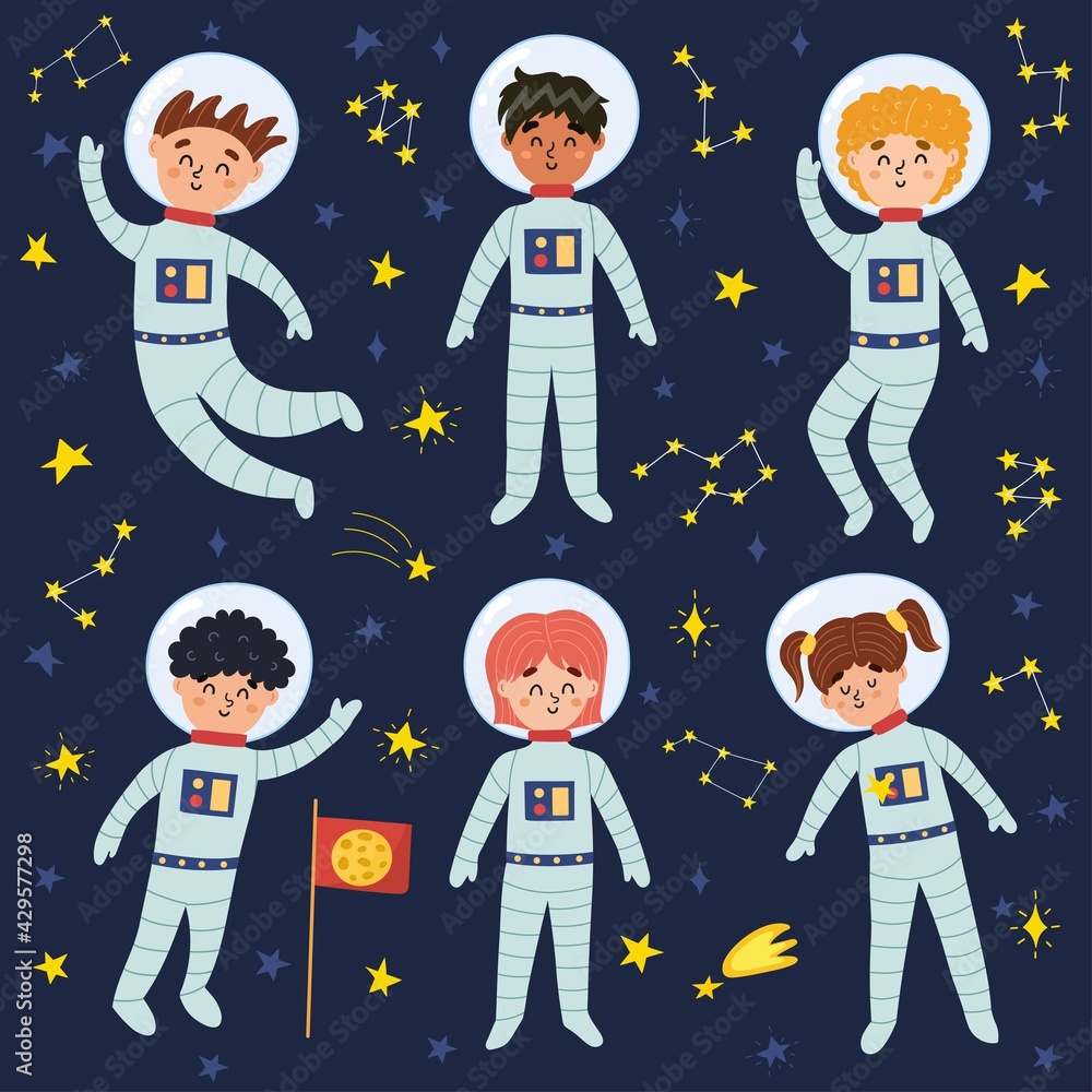 Space kids in suits and helmets collection. Cute children astronauts ...