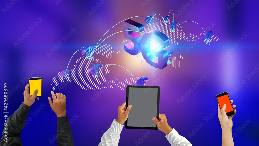 5G Wifi Network Mapping with Business Man Hand Holding Smart Phone. 3d ...
