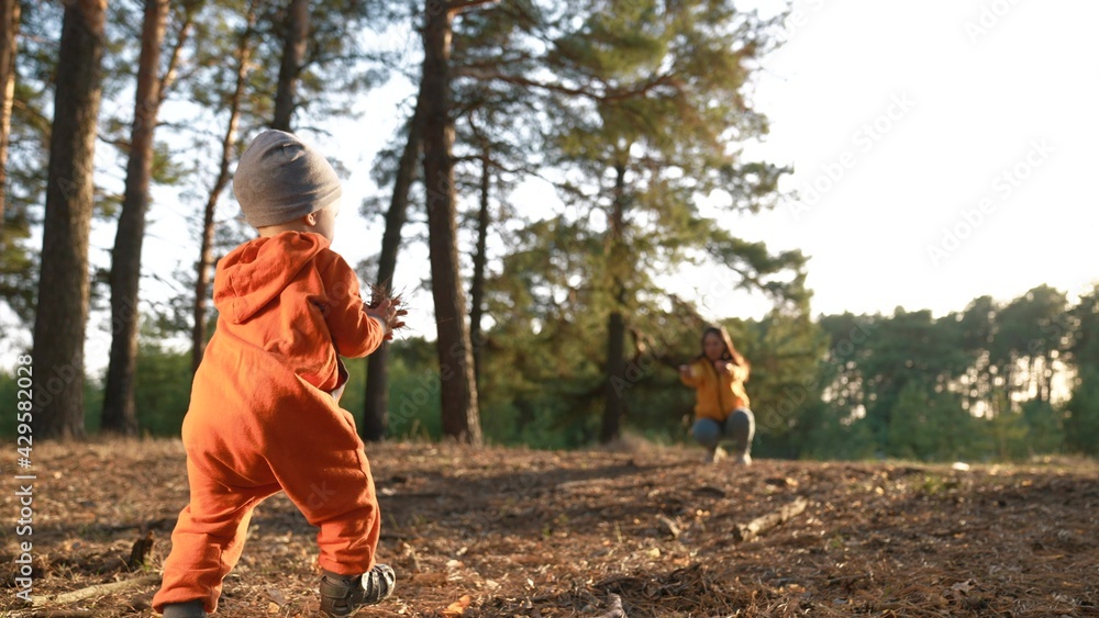 baby first steps. people in the park. little boy baby makes his first ...