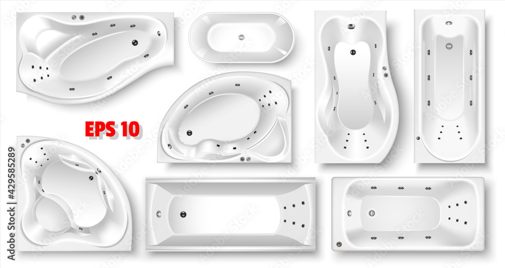 Set of white Jacuzzis and tubs, top view. View in terms of bathroom ...