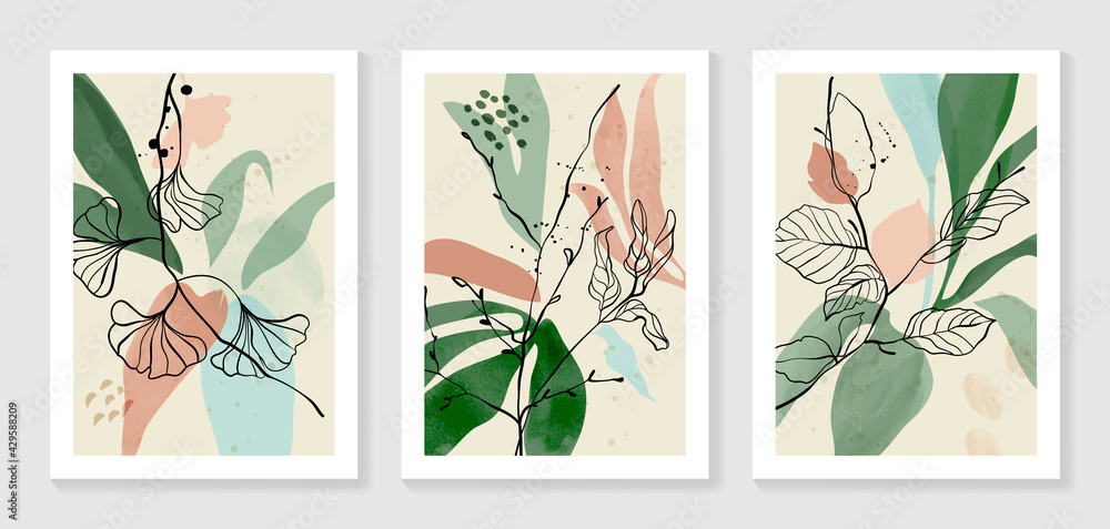 Botanical wall art vector set. Water color boho foliage line art ...