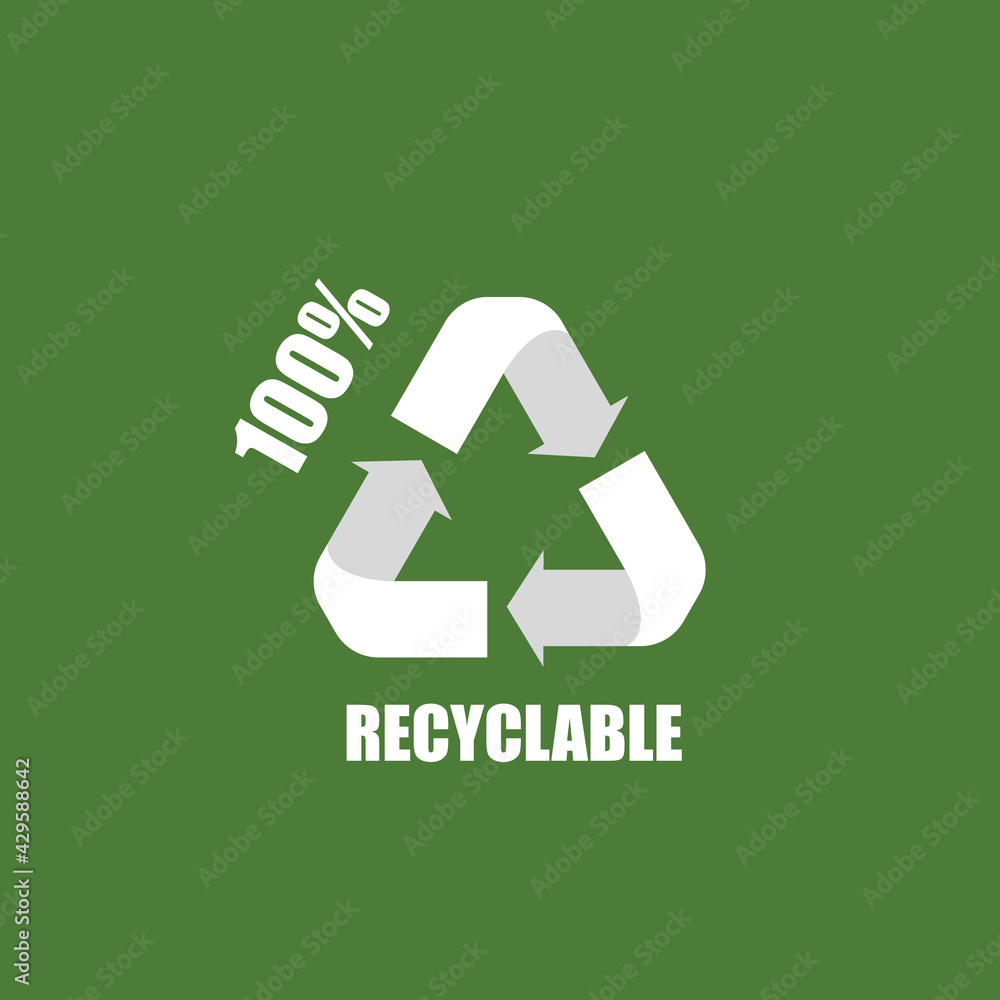 100% recyclable simbol icon isolated vector illustration on green font ...