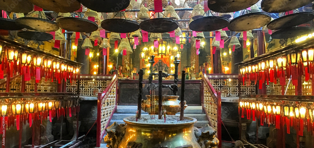 Chinese Asian Buddhism temple interiors with buddha and buddhist ...