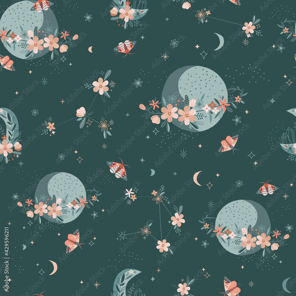 Magic Bloomy Planet vector seamless pattern. Boho Floral Moon Moth ...