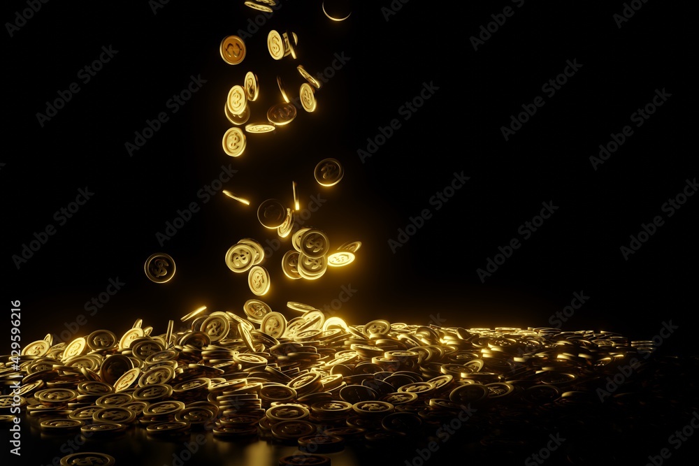 gold coins drop from sky on black background copy space .3D Rendering ...