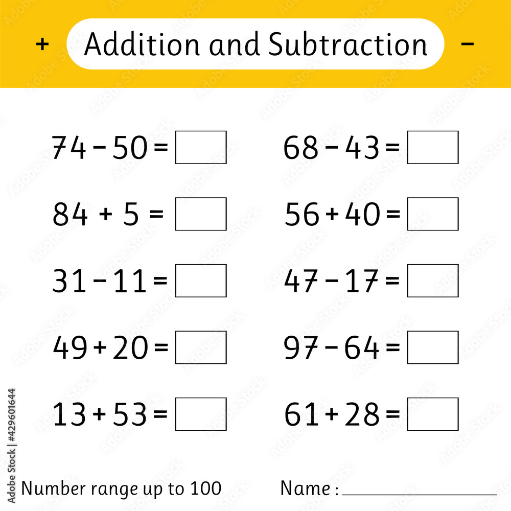Addition and Subtraction. Number range up to 100. Math worksheet for ...