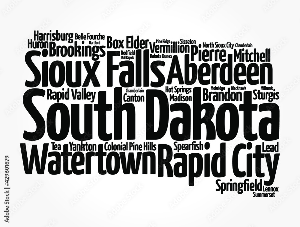 List of cities in South Dakota USA state, map silhouette word cloud map ...