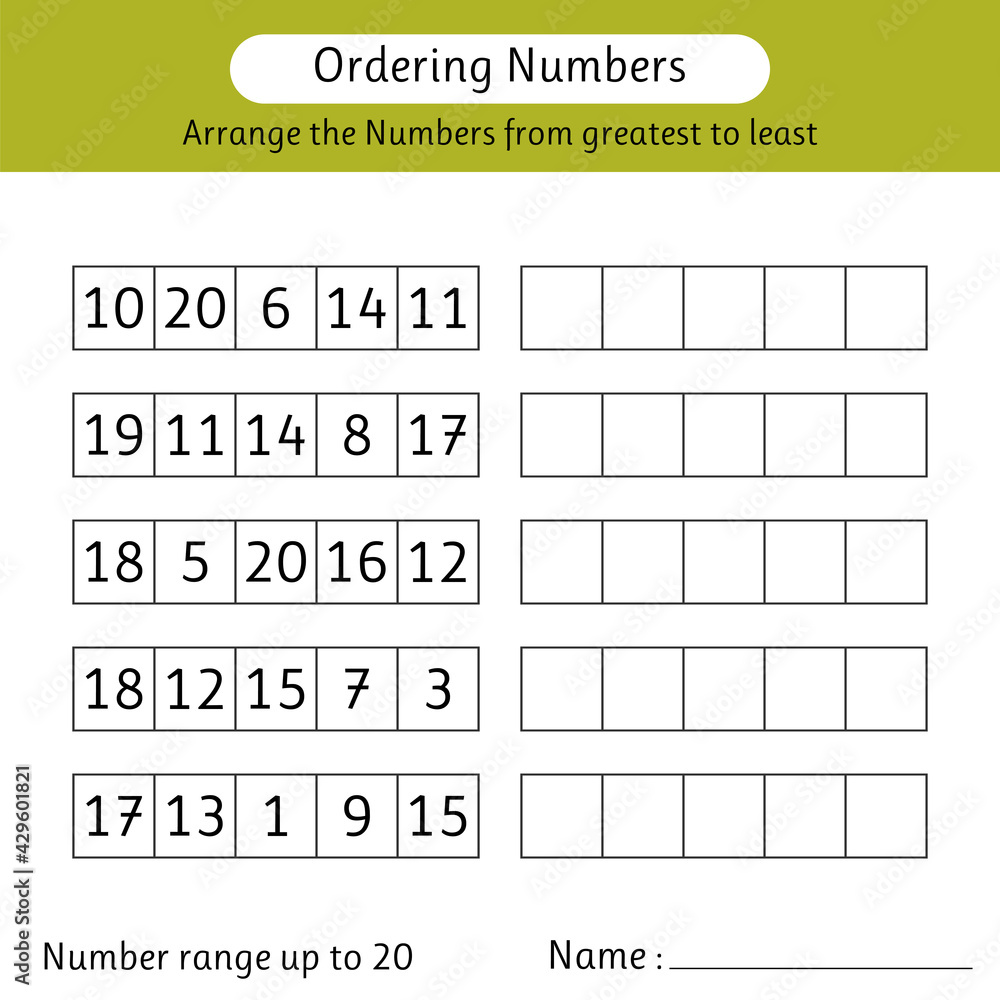 Vetor de Ordering numbers worksheet. Arrange the numbers from greatest ...