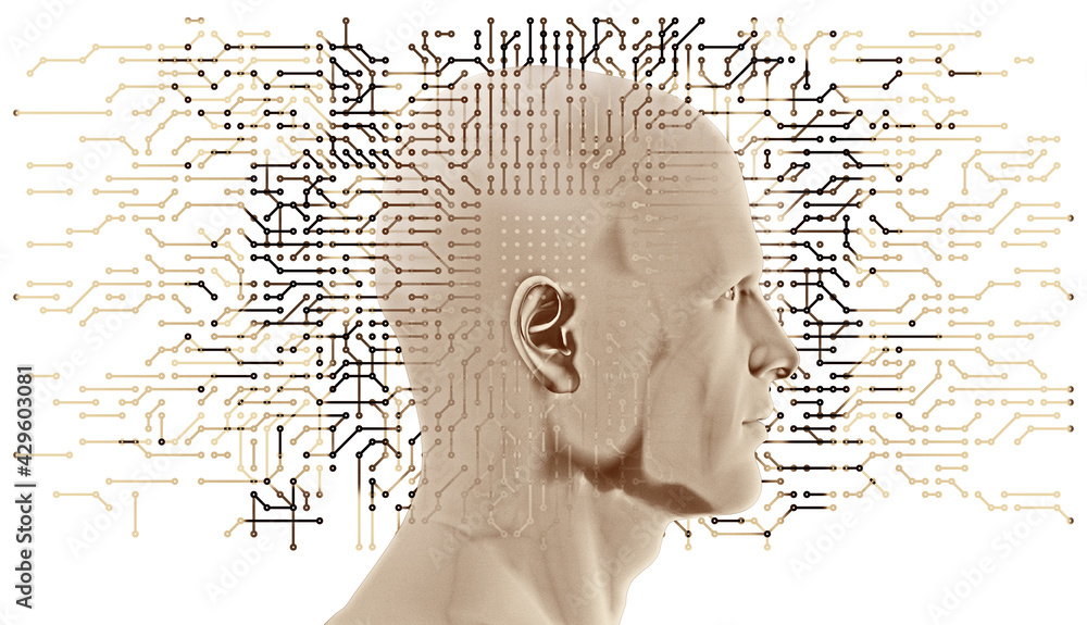 A head side profile overlaid with a computer CPU grid and various sized ...