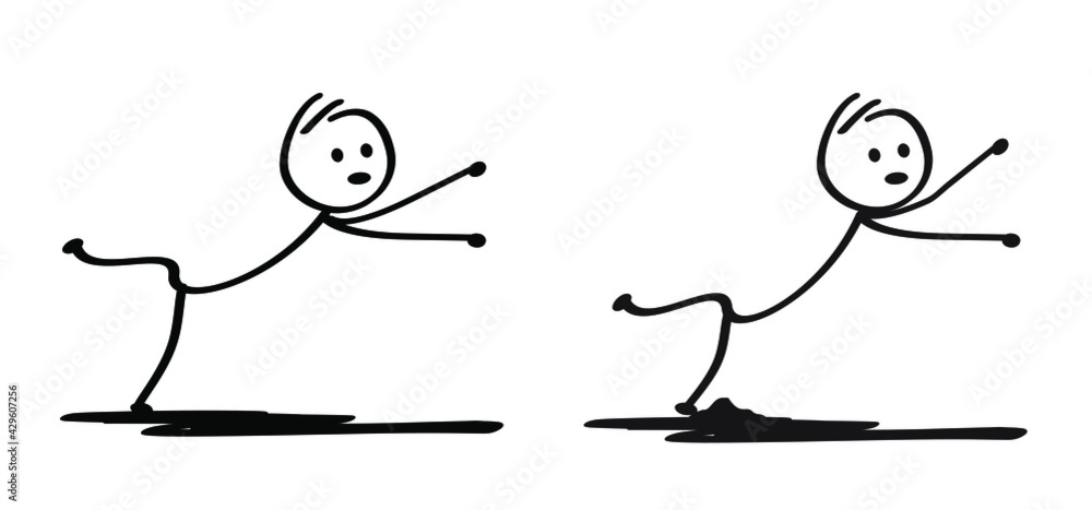 Hand drawn fall person, stickman man falling or stumbled over stone on ...
