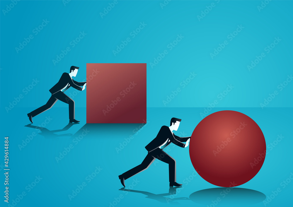 vector illustration of businessman push a cube and ball. describe ...