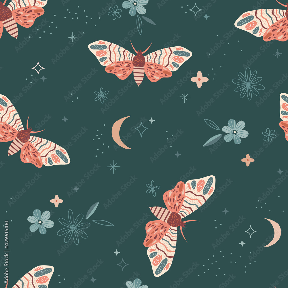 Boho Moth in night starry floral sky vector seamless pattern. Ornate ...