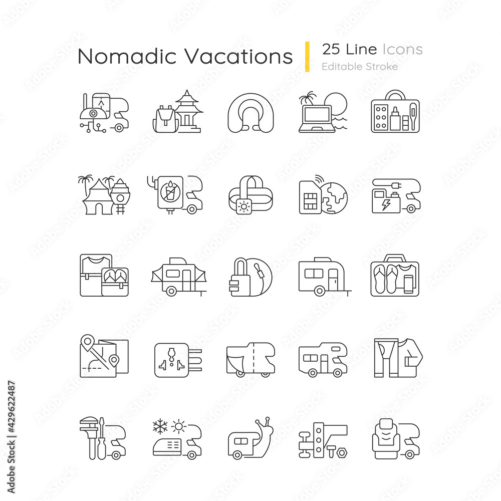 Nomadic vacations linear icons set. Roadtrip trailer. RV vehicle. Van ...