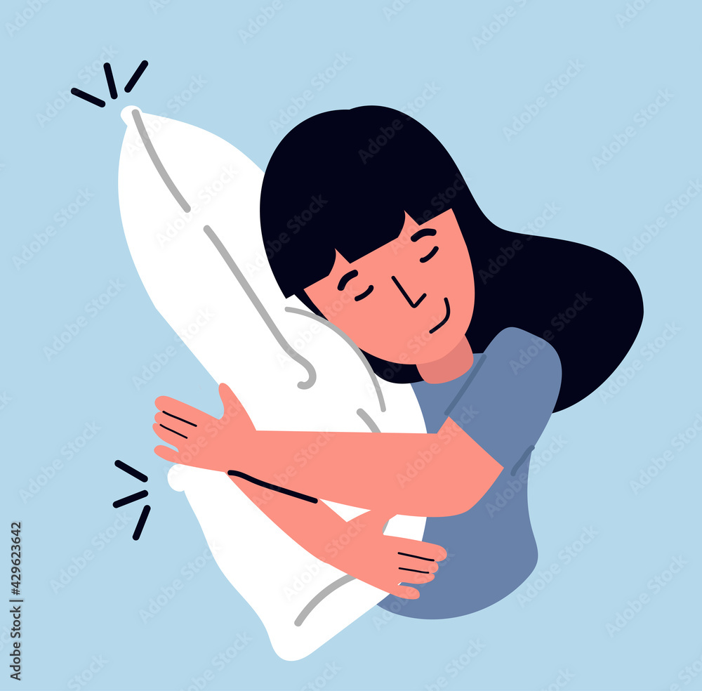 Sleeping woman hugs a pillow cartoon Stock Vector | Adobe Stock