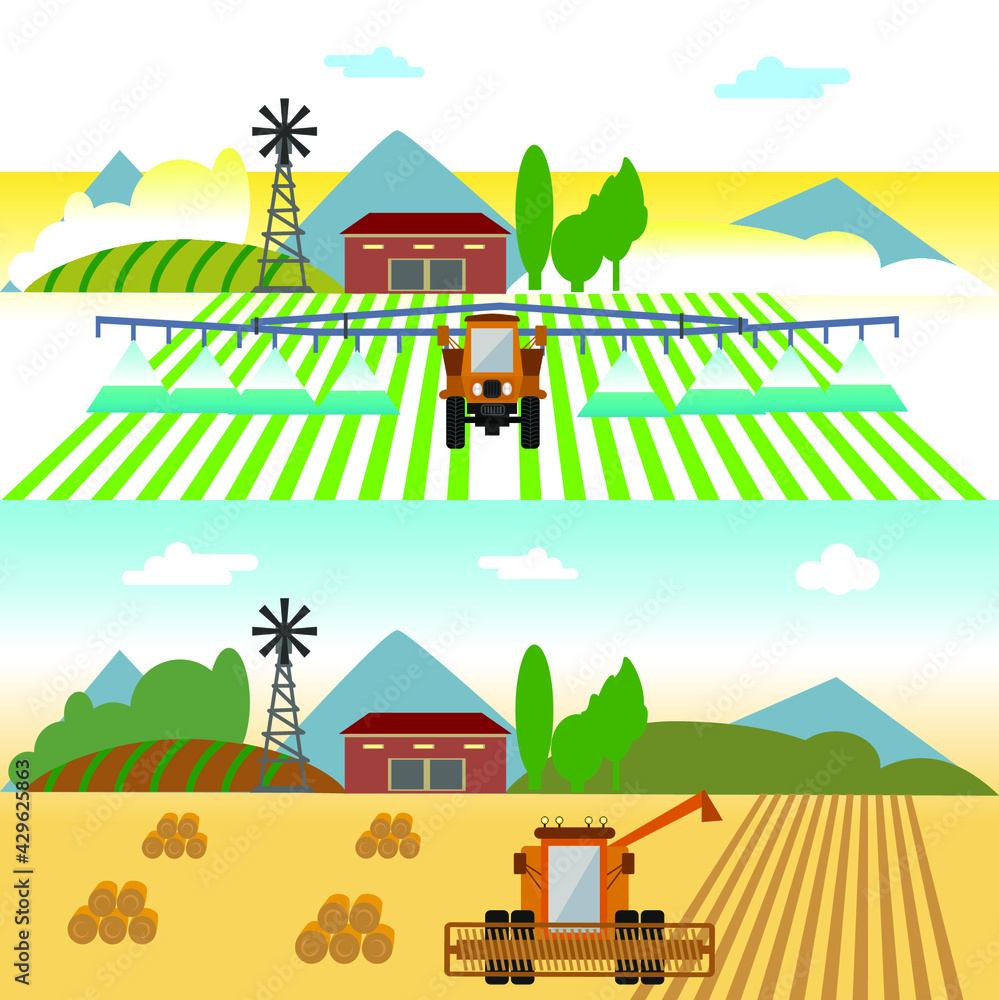 Illustration of the process of growing and harvesting crops. Equipment ...