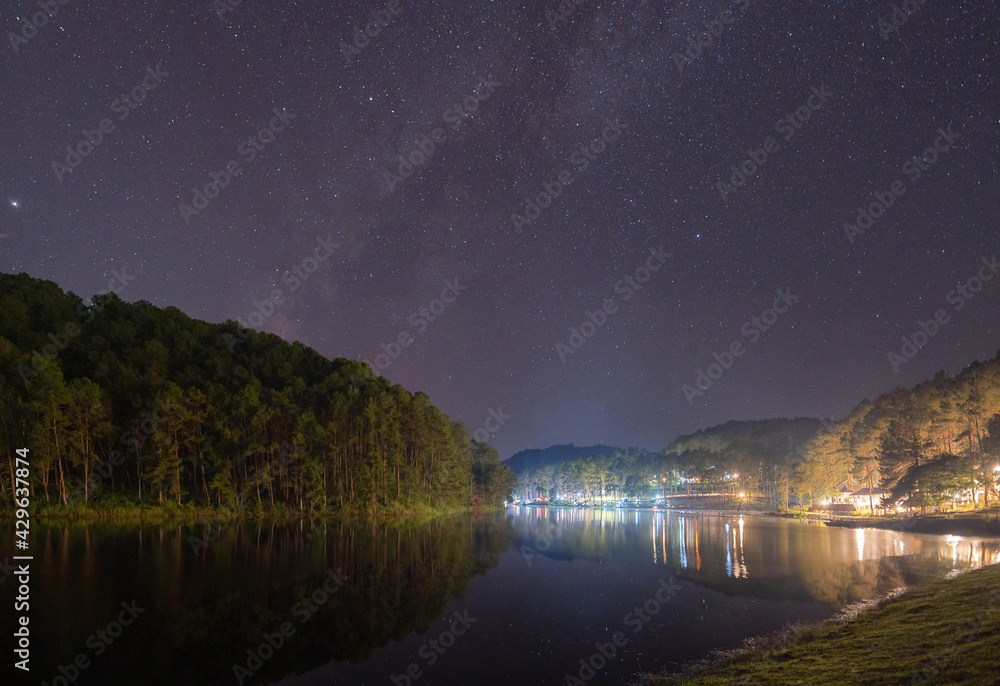 Forest trees with milky way and stars on lake or river at Pang Oung at ...