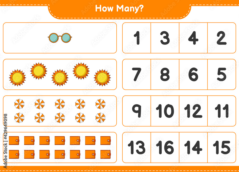 Vetor de Counting game, how many Sun, Beach Umbrella, Wallet, and ...