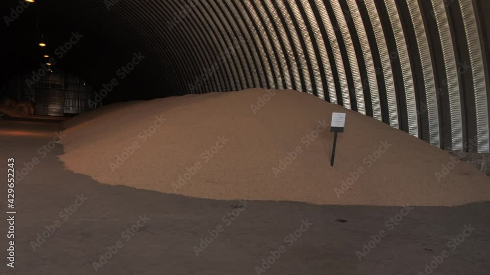 A large pile of grain. Inside a spacious granary. An empty hangar from ...