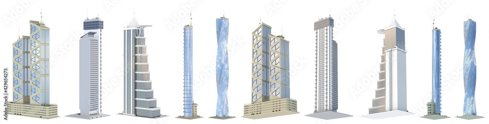Set of high detailed modern tall buildings with fictional design and ...