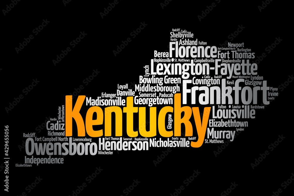 List of cities in Kentucky USA state, map silhouette word cloud map ...
