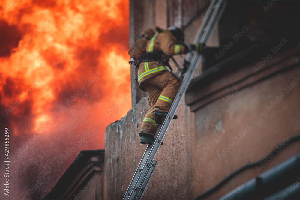 Massive large blaze fire in the city, brick factory building on fire ...