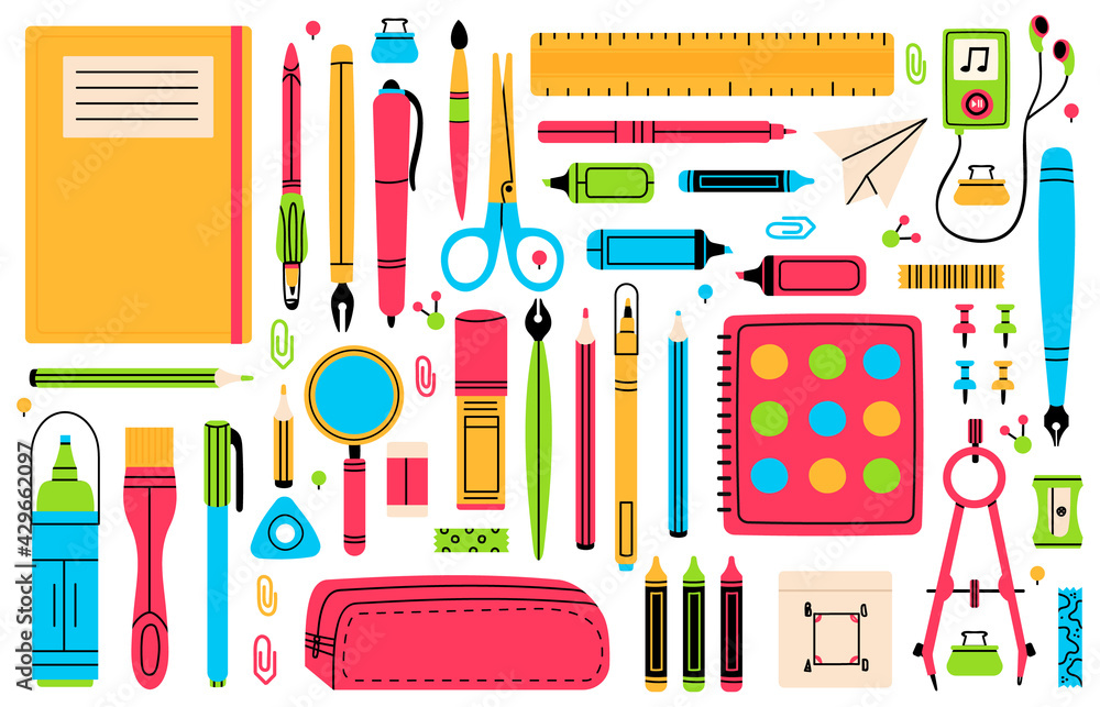 School chancellery. Pupils education hand drawn school supplies, pencil ...