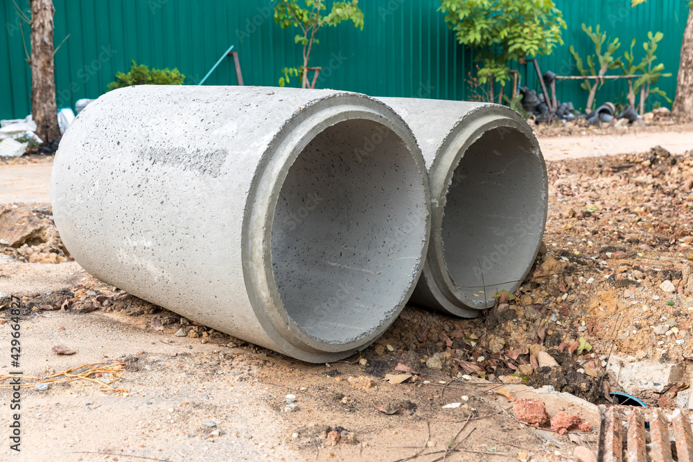 Concrete Drainage Pipe on a Construction Site. Concrete drainage pipes ...