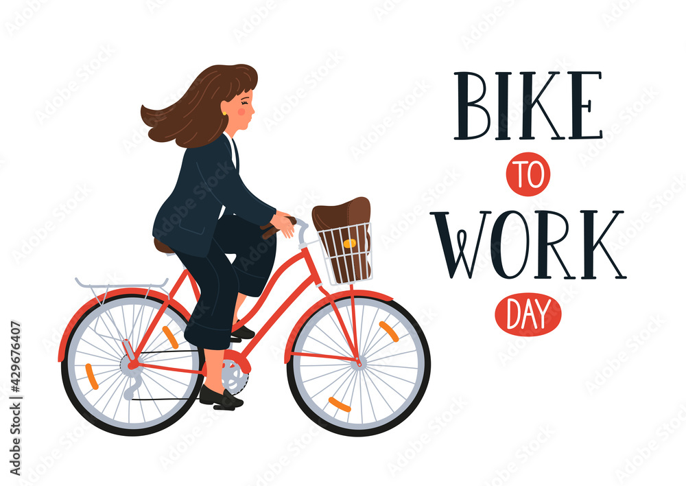 Bike to Work Day. Woman in formal clothes on bike with basket with ...