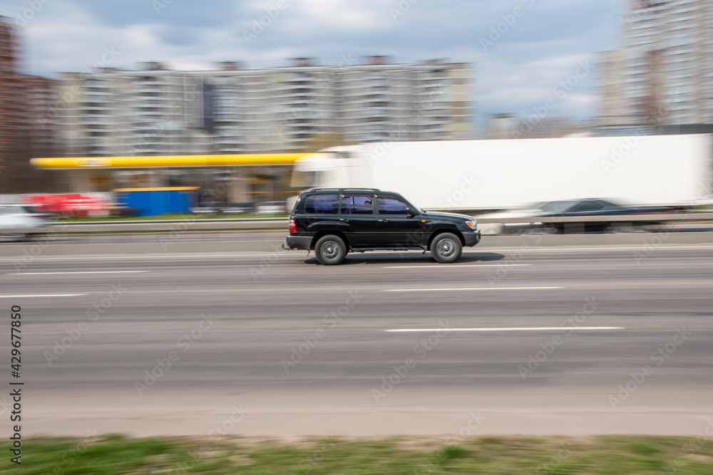 Ukraine, Kyiv - 6 April 2021: Black Toyota Land Cruiser car moving on ...