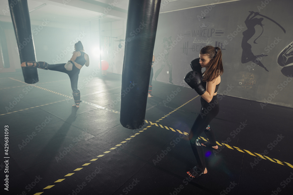 Boxer woman. Boxing fitness woman smiling happy wearing black boxing ...