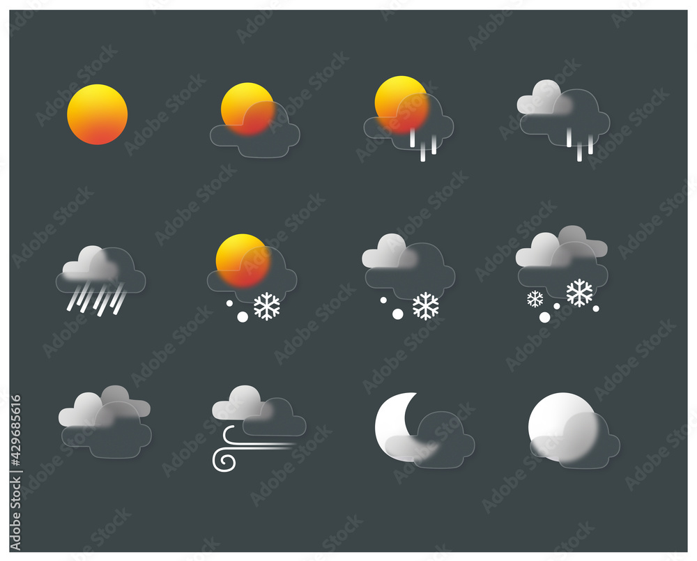 Weather icons pack. Glassmorphism style vector 2021 style. Frosted ...