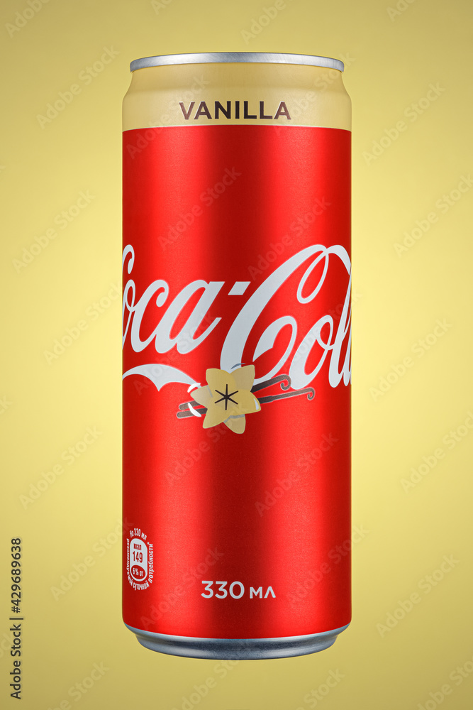 Moscow, Russia - April 07, 2021: Coca-Cola VANILLA in red aluminum can ...
