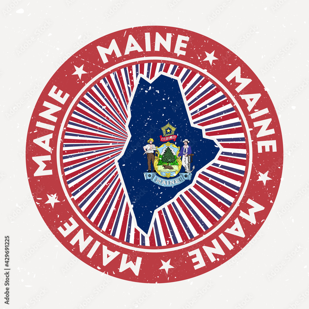 Maine round stamp. Logo of us state with state flag. Vintage badge with ...