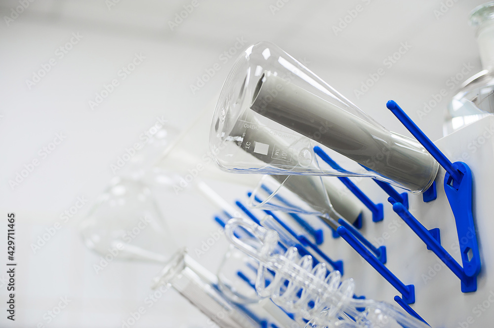 Empty flasks. Laboratory analysis equipment. Chemical laboratory ...