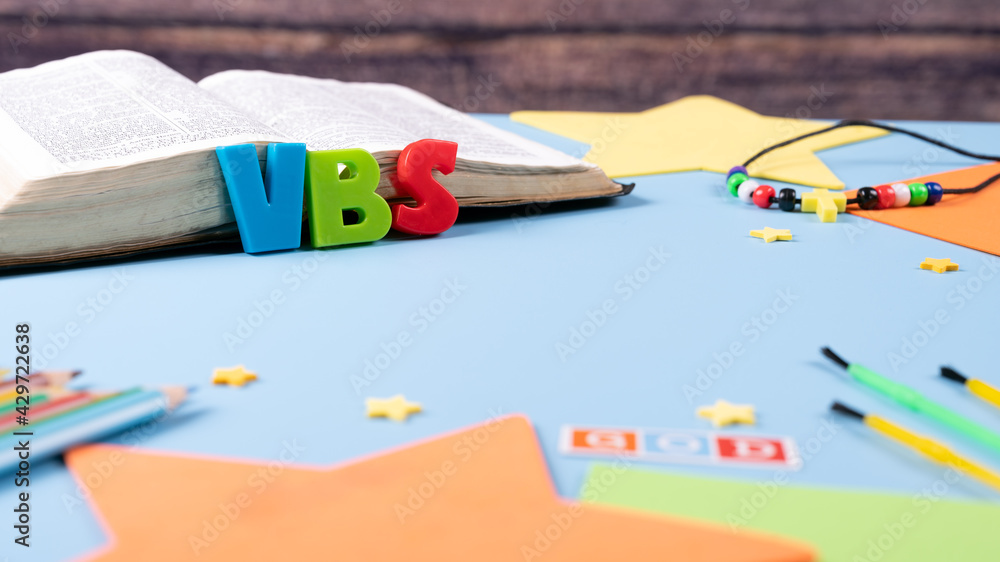 Church background with Abbreviation "VBS" (Vacation Bible School) next ...
