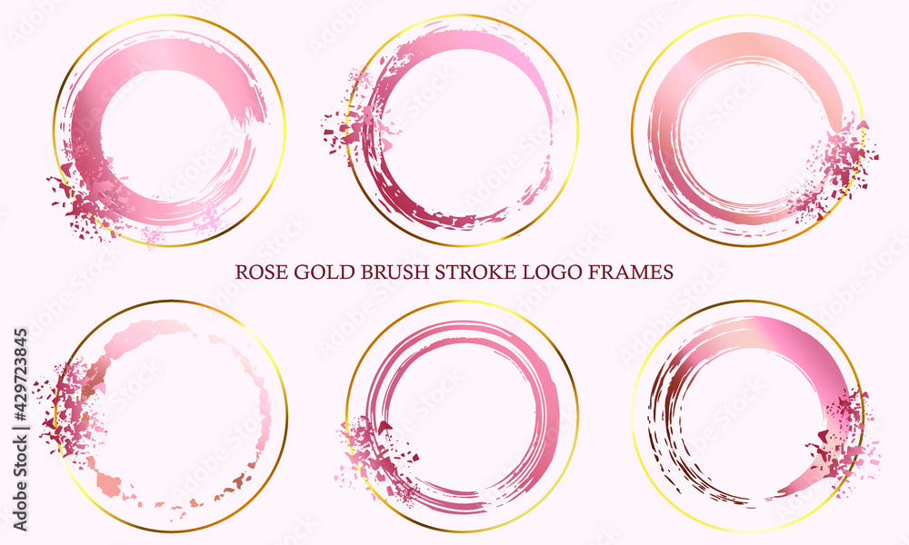 rose gold brush stroke 6 logo frames outline with golden ring and dust ...