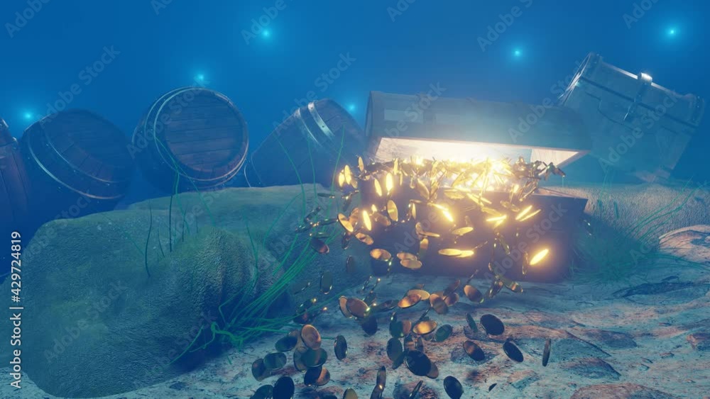The old treasure chest sunk under the sea. The light shone out of the ...
