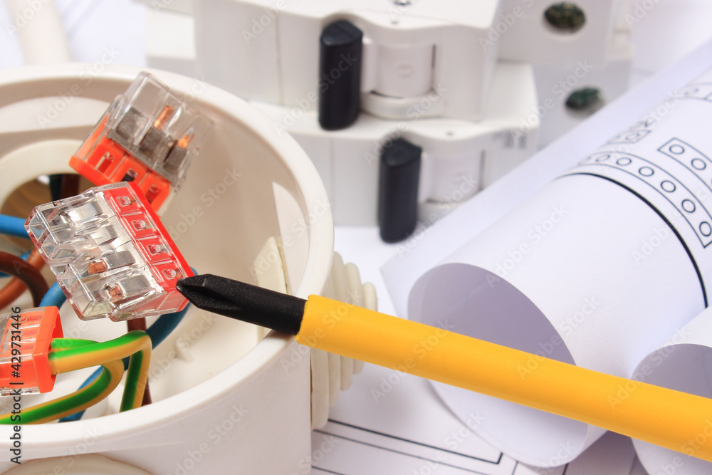 Electrical box with connections of electric copper wires, electric fuse ...