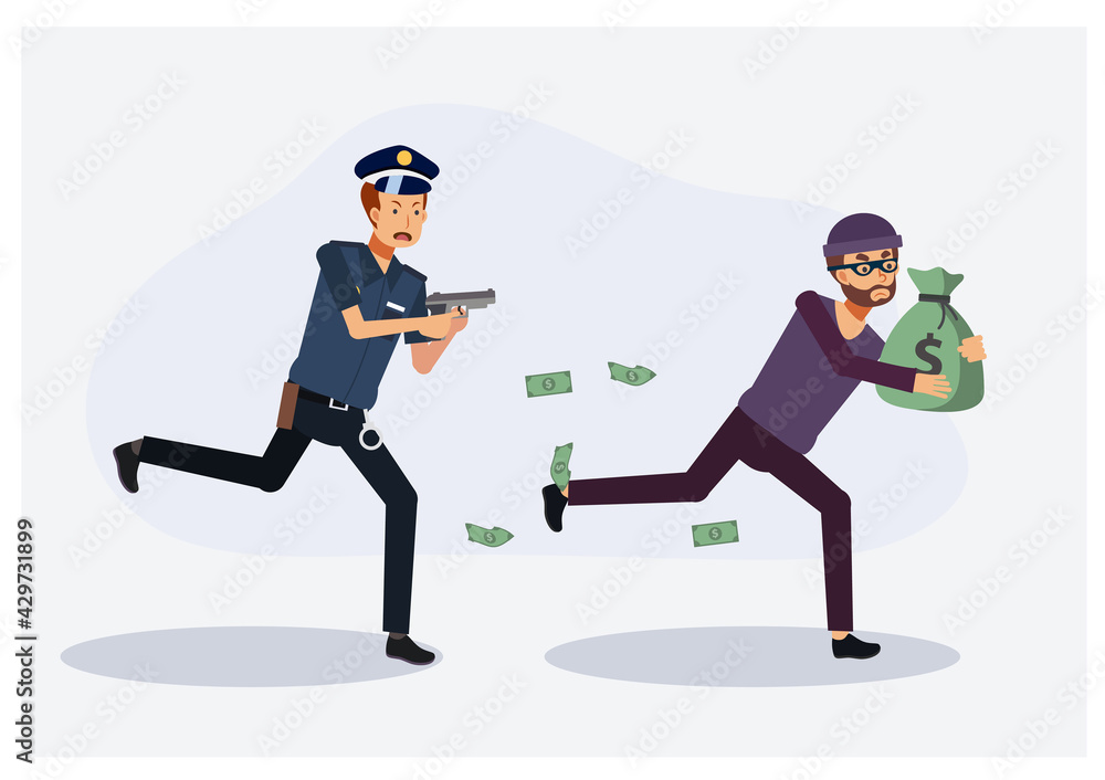 Policeman chasing a thief. Criminal with sack of money running away ...