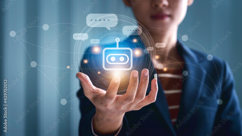 business woman shows hand with chatbot AI Artificial intelligence ...