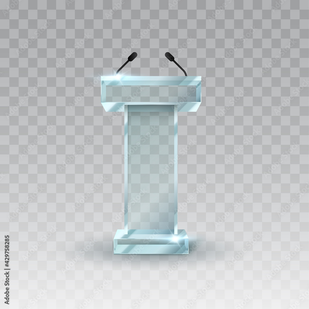 Glass Rostrum speech stand. Transparent Podium with a microphone ...