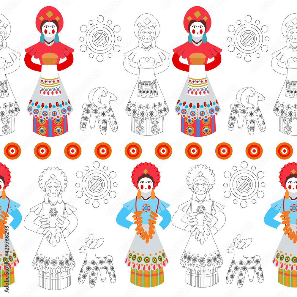 Seamless pattern with Russian folk toys women with bread and bagels and ...