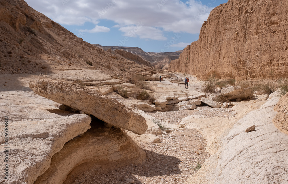 Hikers on a hiking trail in a remote desert region of the Northern ...