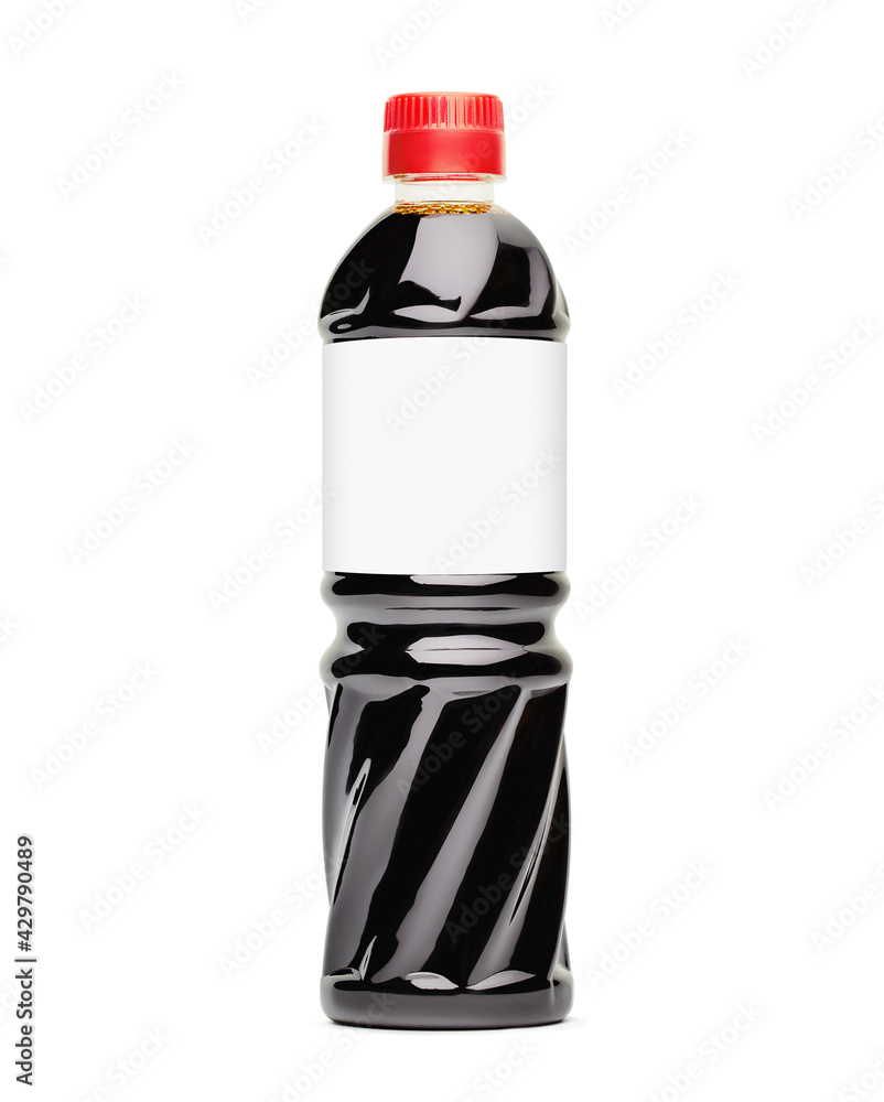 Big plastic bottle of soy sauce on a white background. Mock up template ...