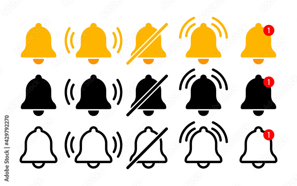 Notification bell icon. Incoming inbox message. New message notification icons collection. Alarm ...